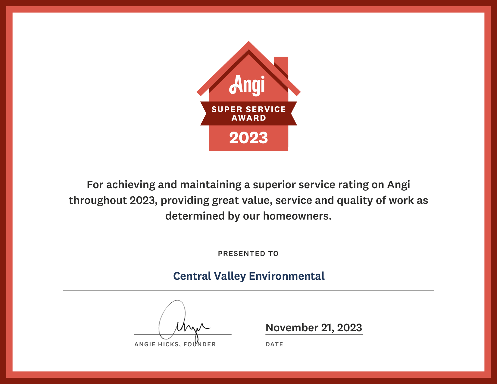 CVE Wins Angi 2023 Super Service Award